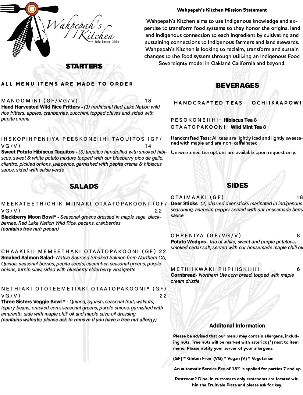 Menu — Wahpepah's Kitchen