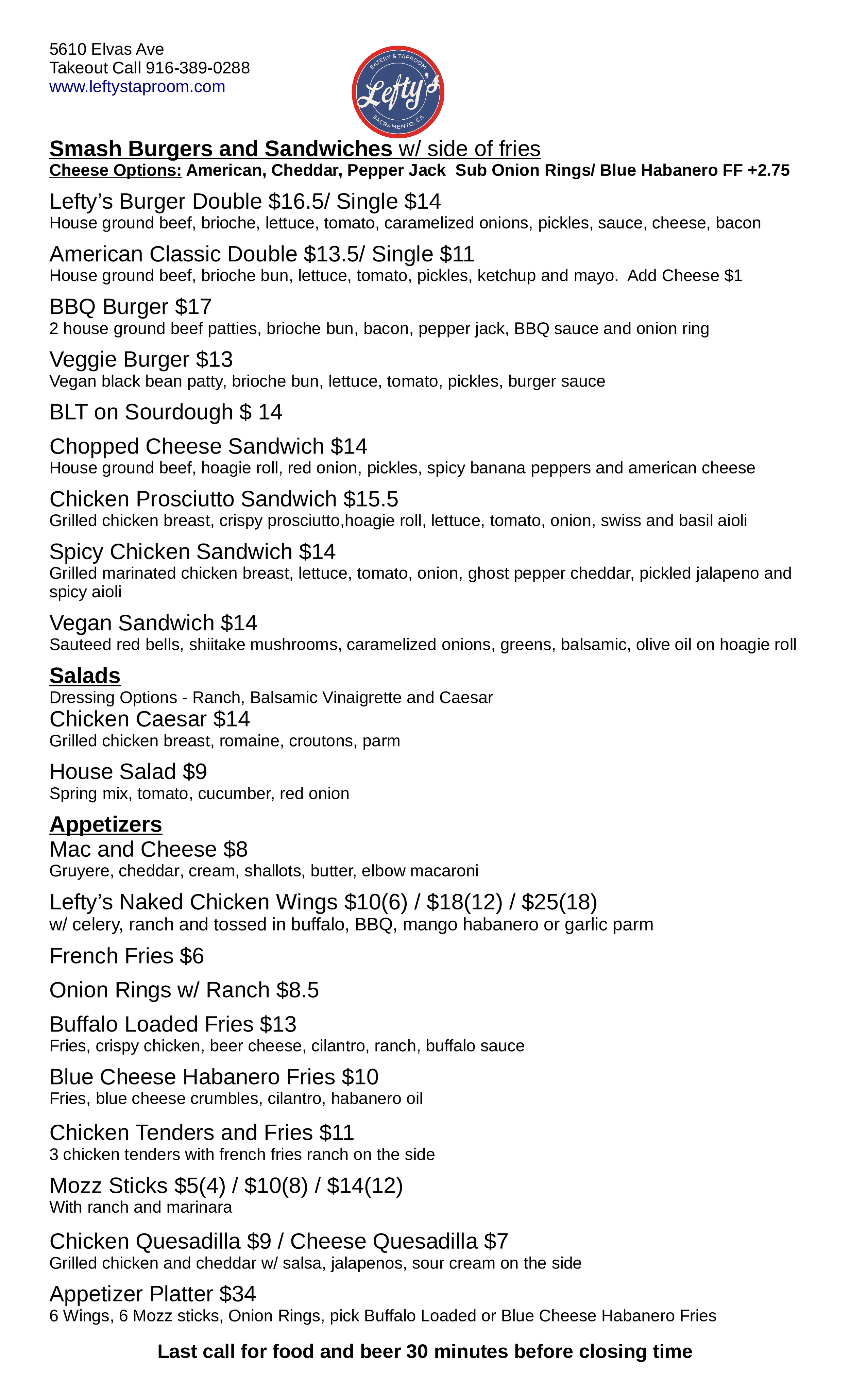 Food Menu — Leftys Taproom