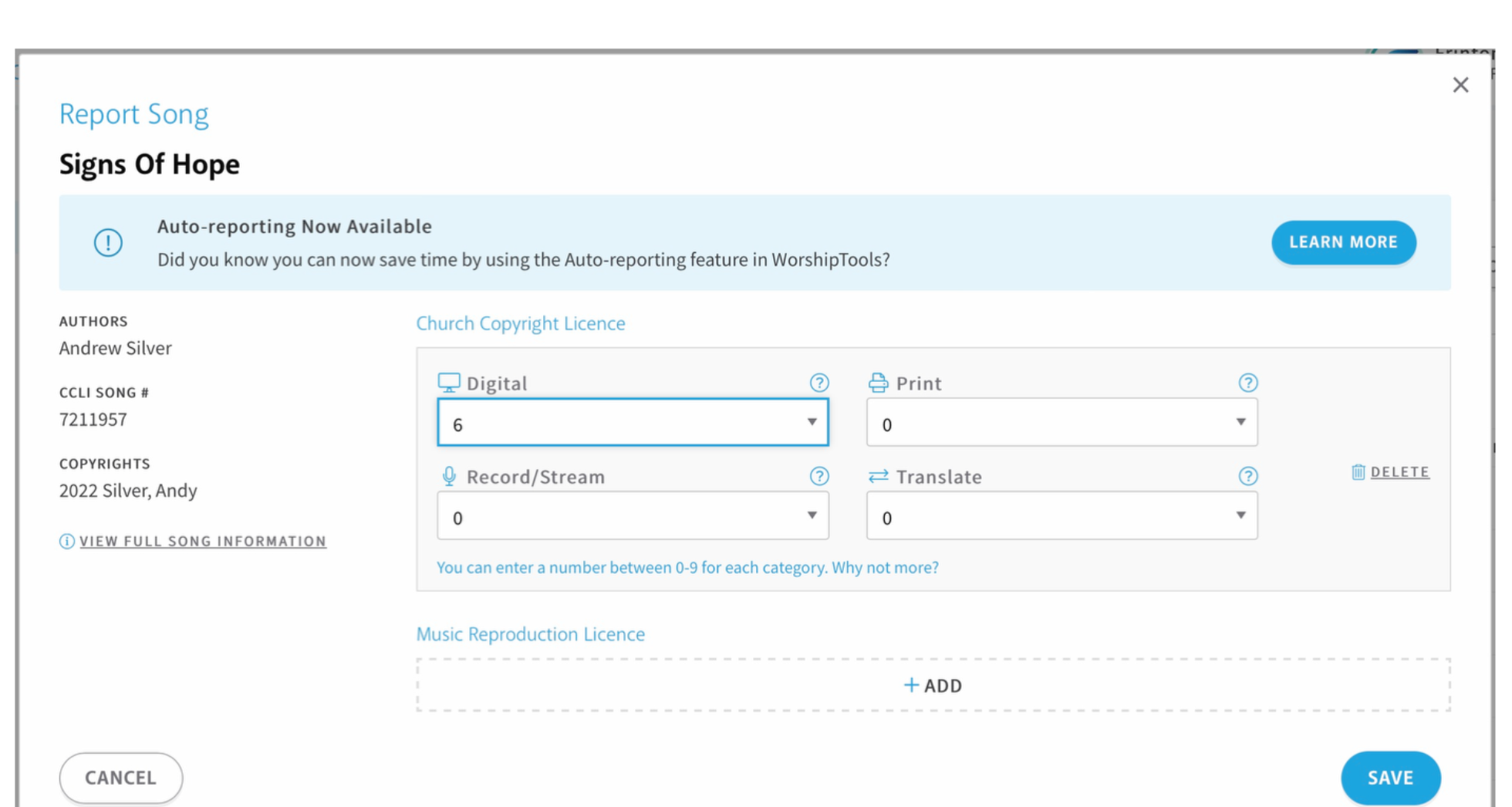 CCLI reporting page — POP UK