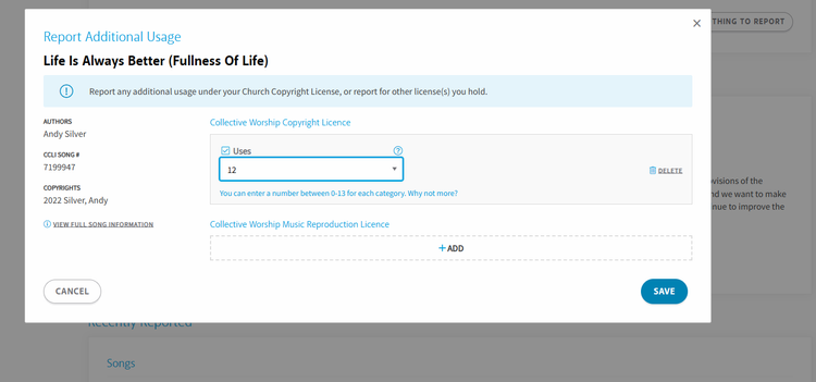 CCLI - PMLL - PRS Reporting Page — POP UK
