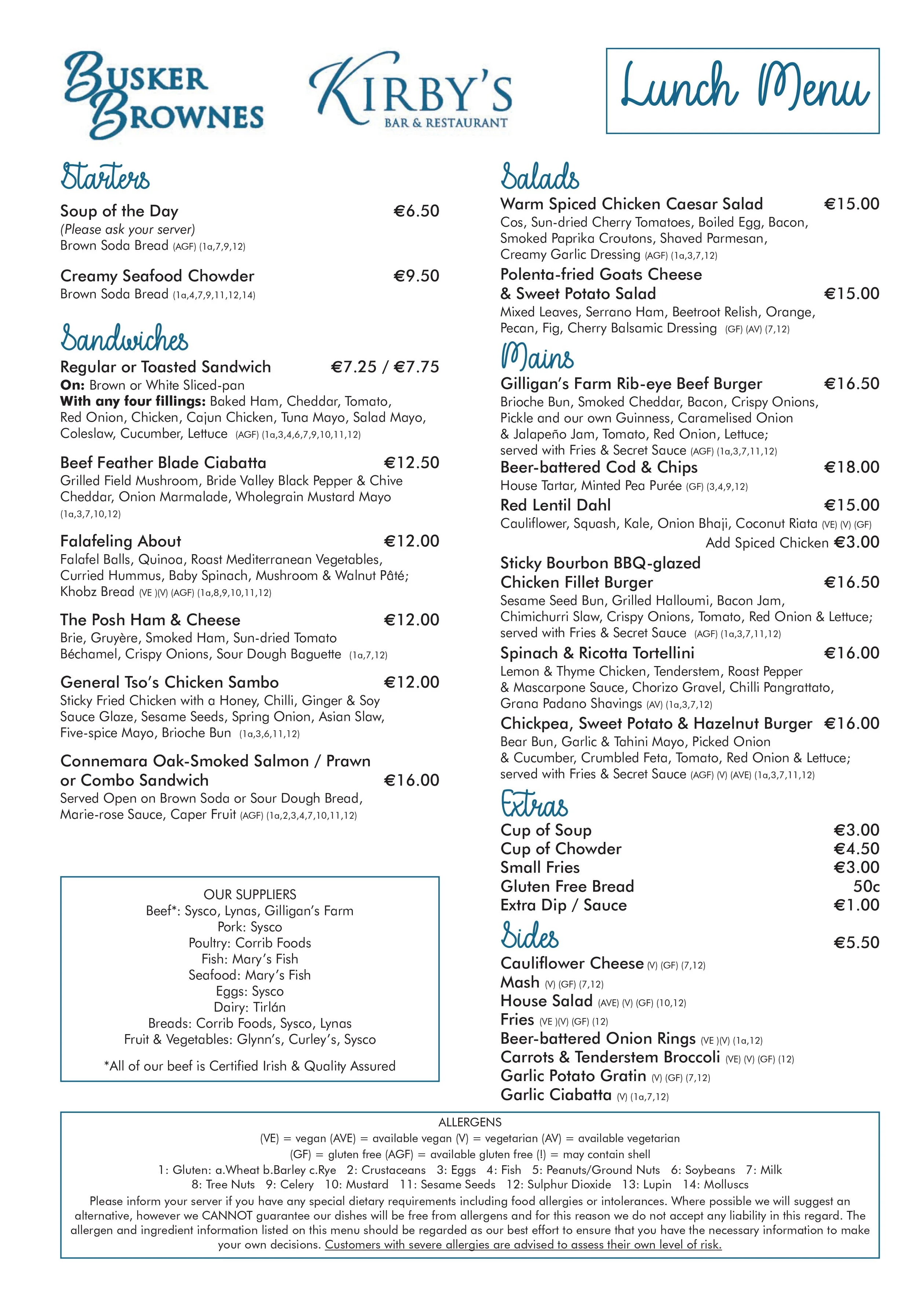 Bar Lunch Menu — Busker Brownes