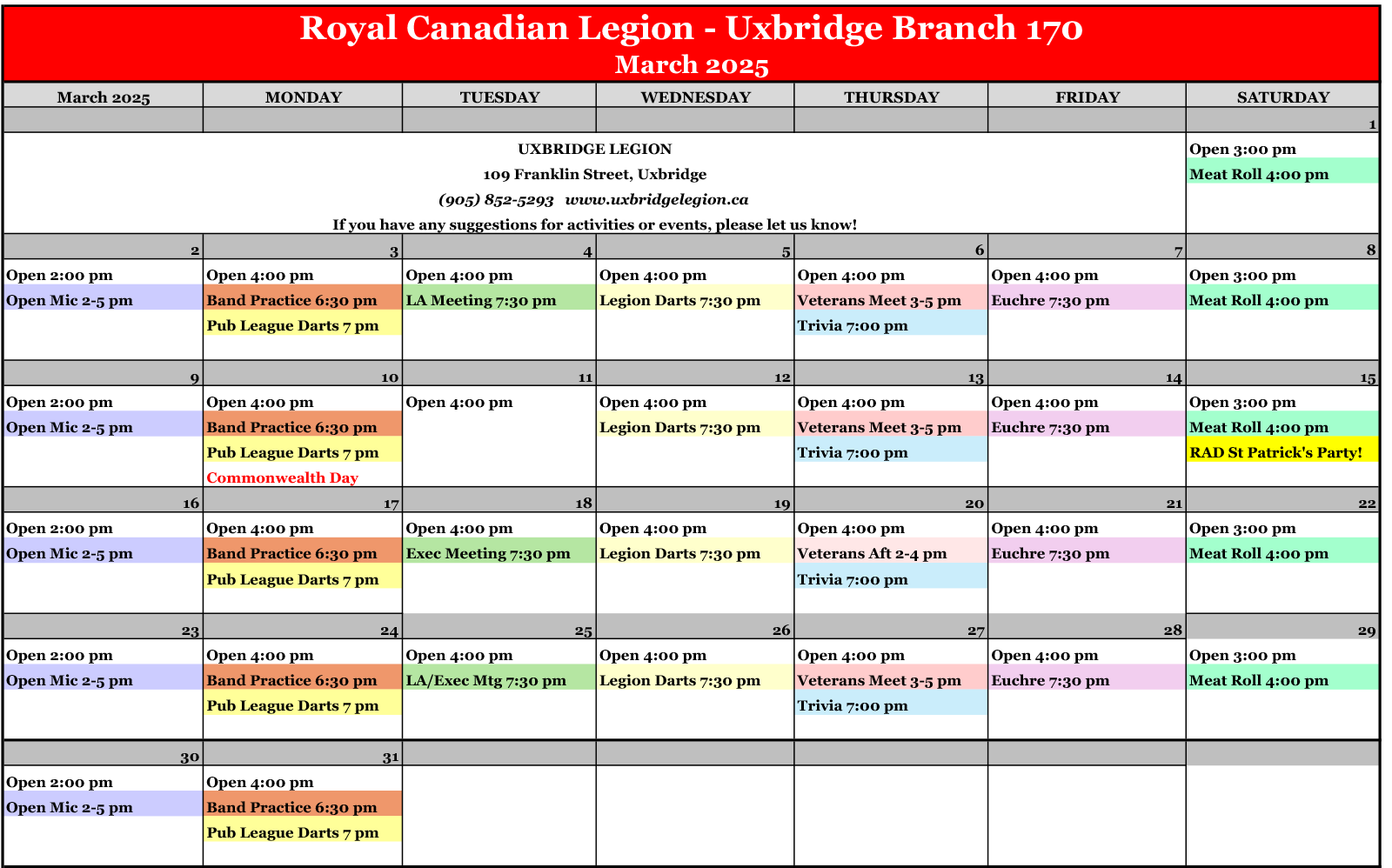 Calendar — Royal Canadian Legion Uxbridge, Branch 170