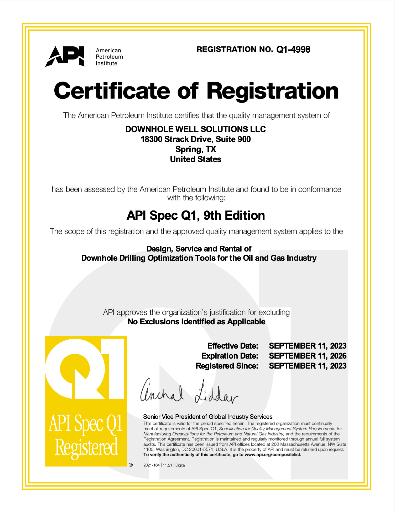 API Certification — Downhole Well Solutions