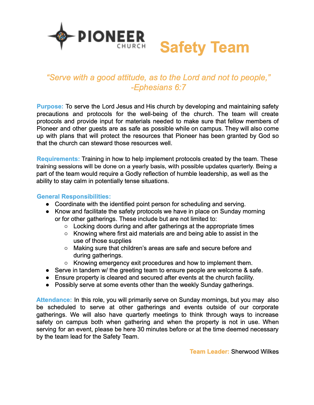 Safety Team — Pioneer Church