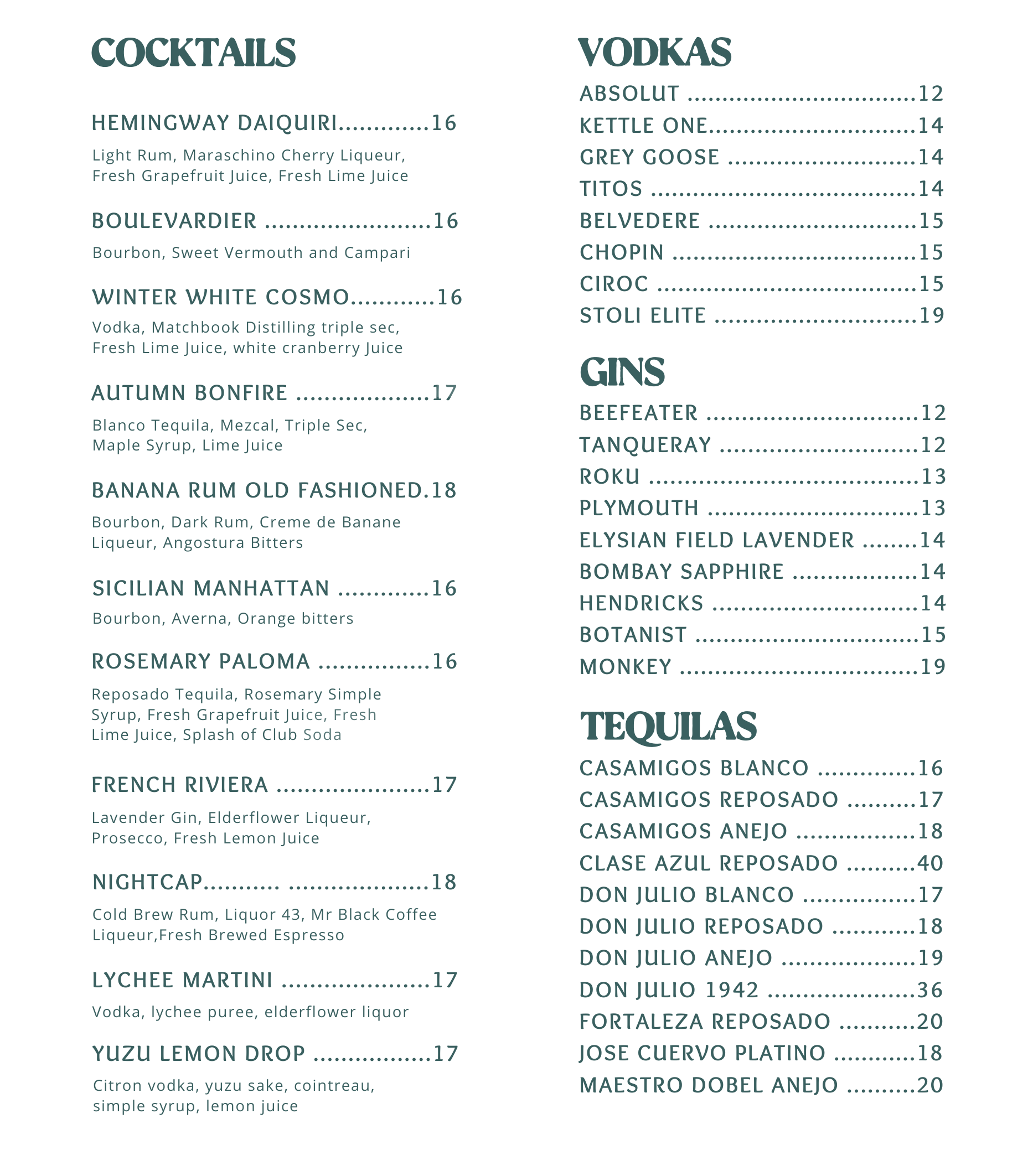MENUS — Legends Restaurant