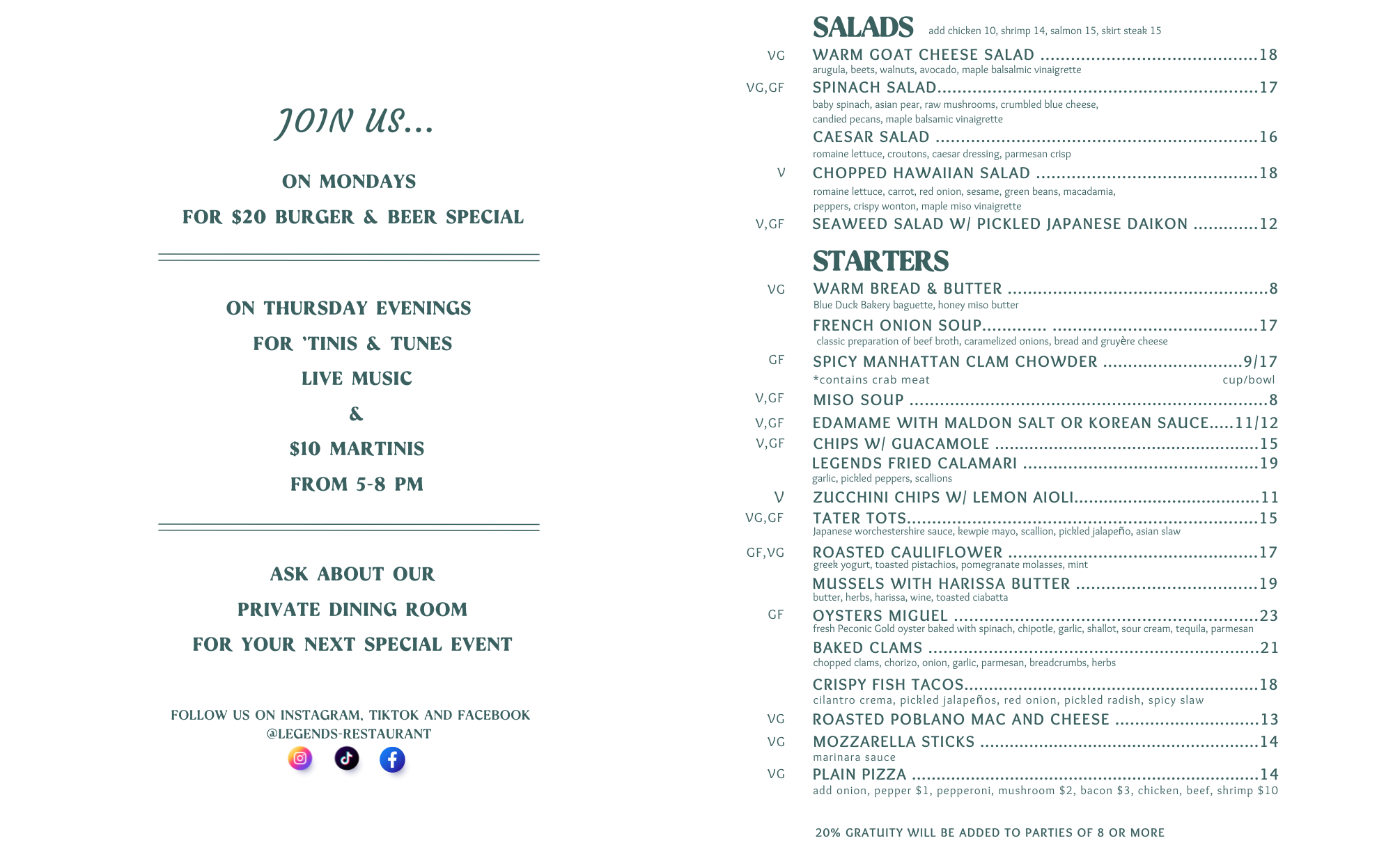 MENUS — Legends Restaurant