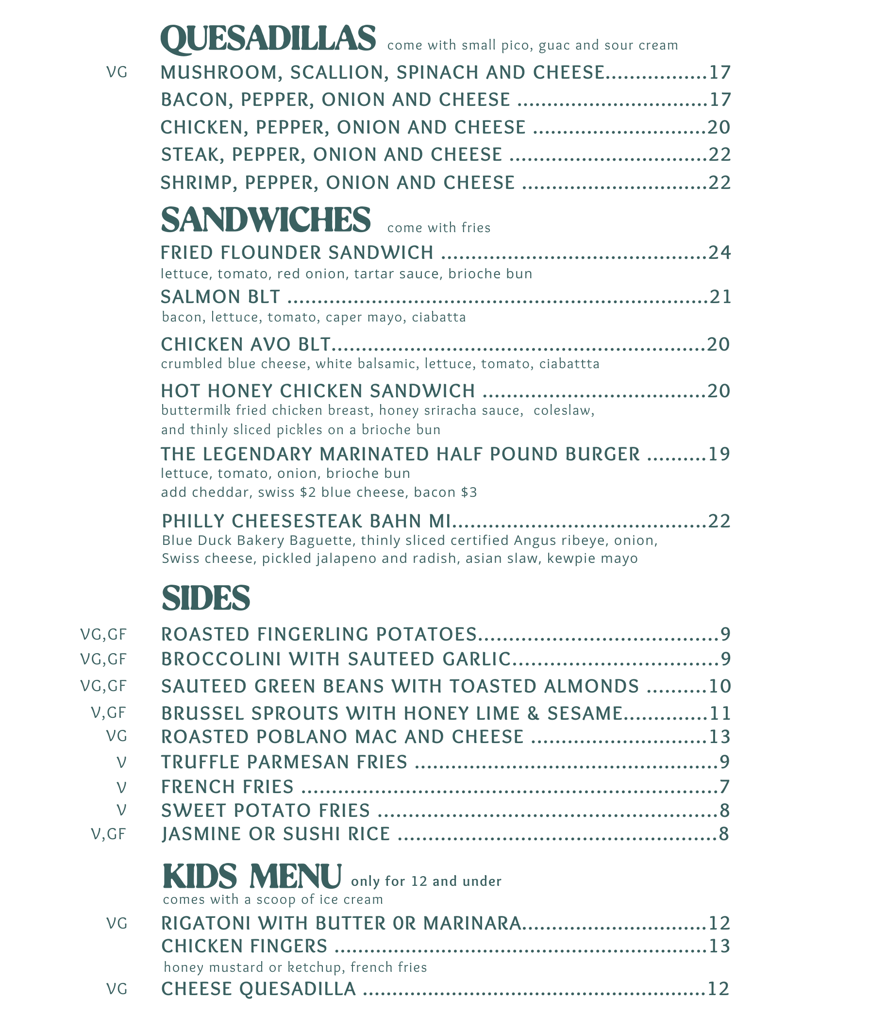 MENUS — Legends Restaurant