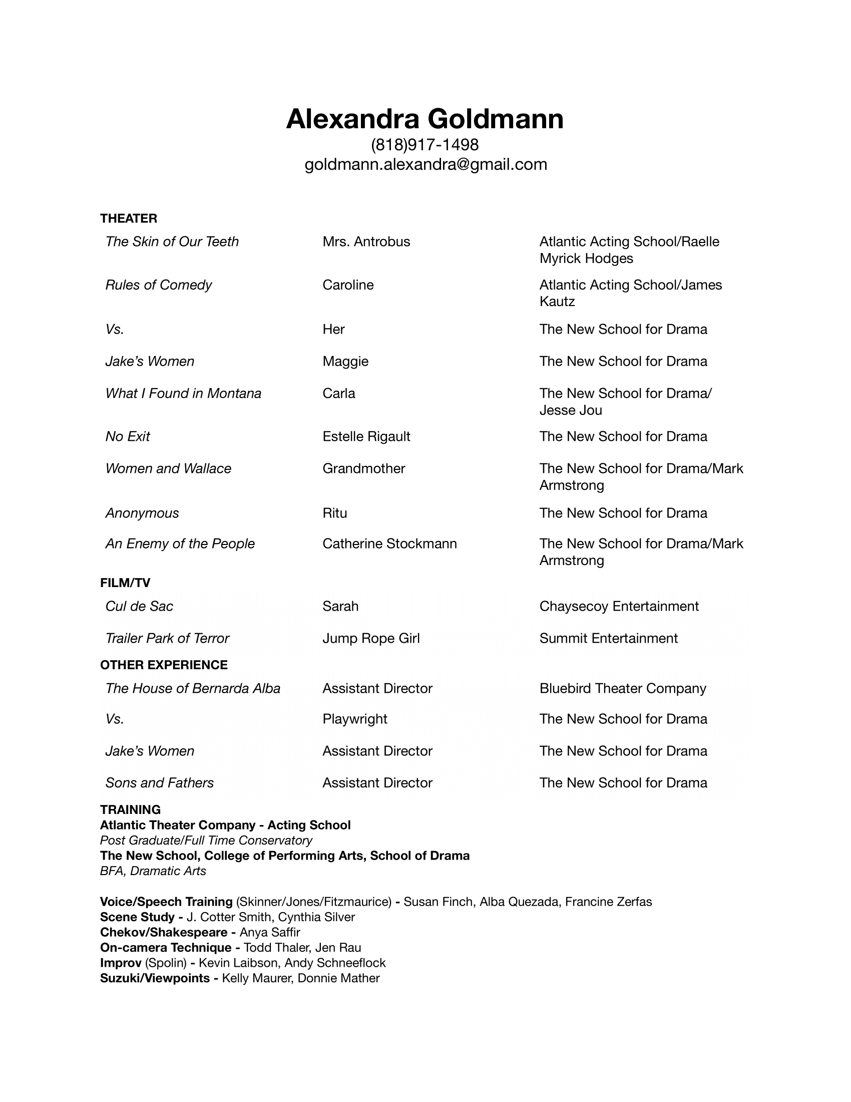 HEADSHOT/RESUME — Alexandra Goldmann