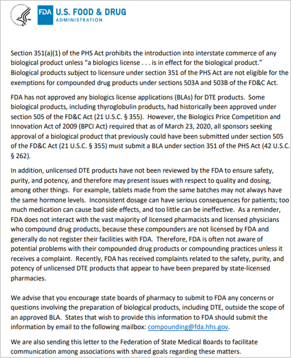 FDA Issues Letter to Pharmacy Board Addressing "Harmful" DTE — Restore ...