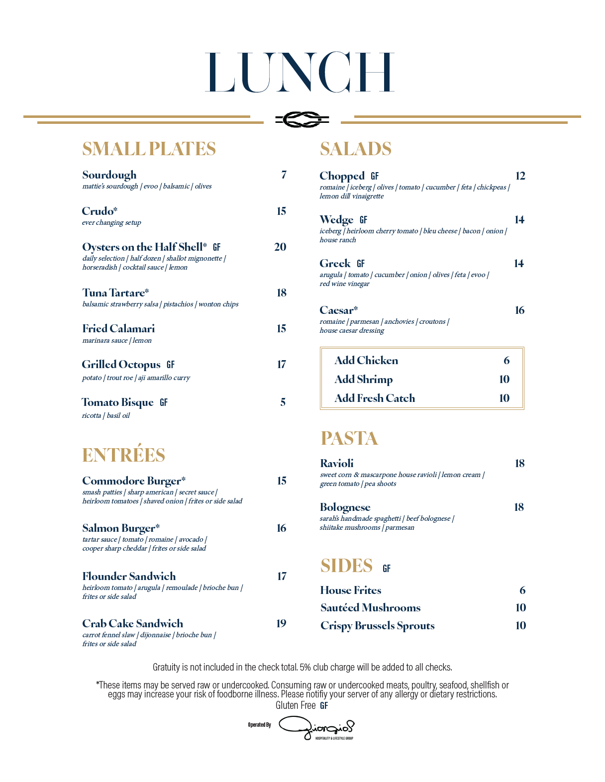 Lunch & Lounge Menu — THE COMMODORE CLUB