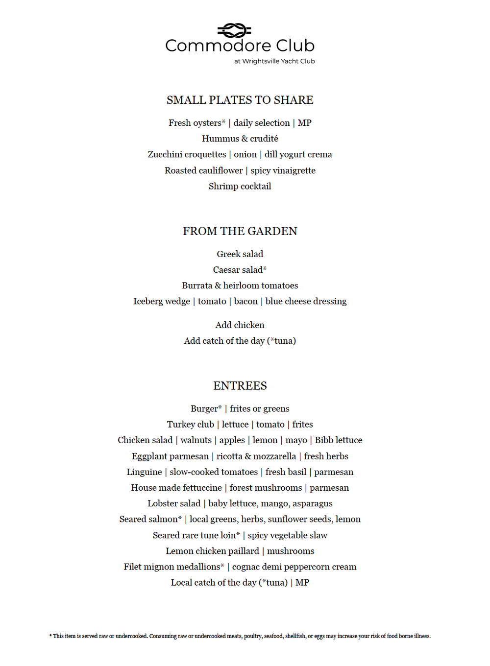 Menu — COMMODORE CLUB at WRIGHTSVILLE YACHT CLUB