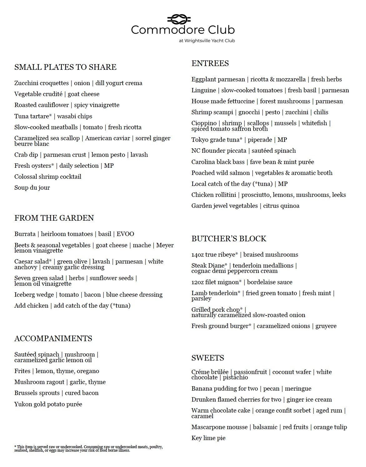 Menu — COMMODORE CLUB at WRIGHTSVILLE YACHT CLUB
