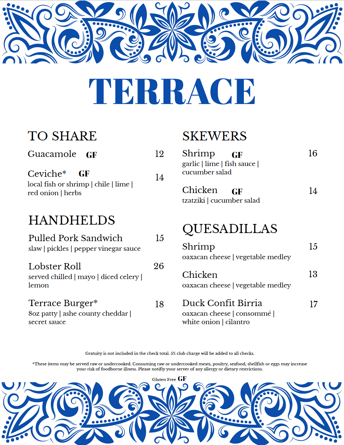 Terrace Menu — THE COMMODORE CLUB