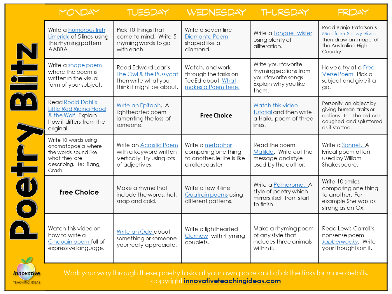 30 Day Poetry Blitz - FREE Independent Poetry Tasks — Innovative ...