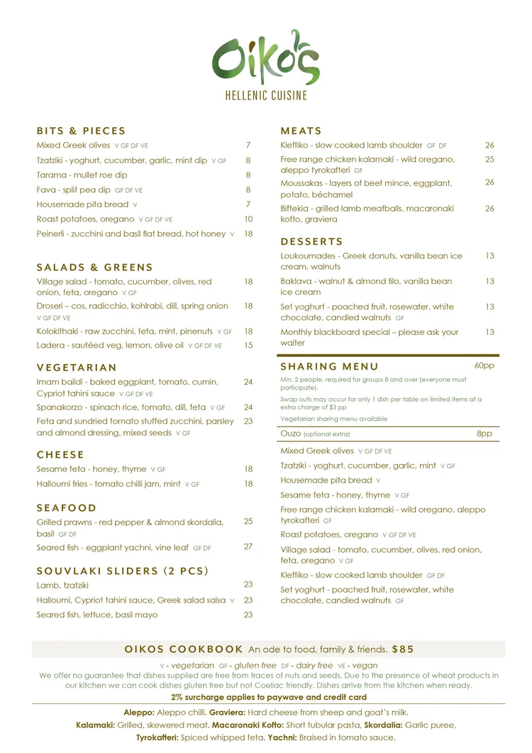 Current Menu — OIKOS HELLENIC CUISINE
