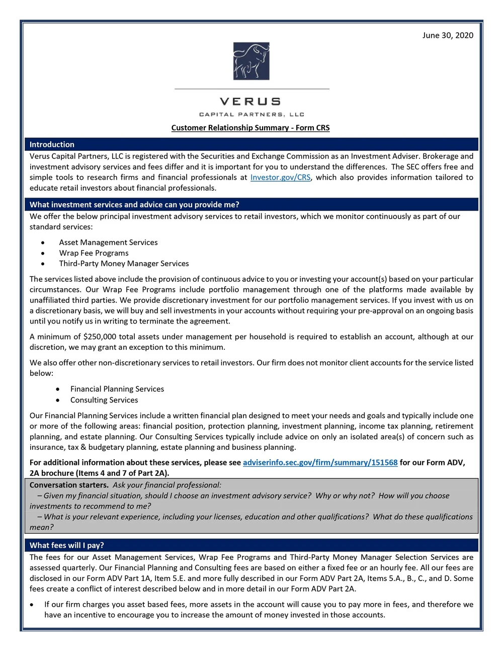 Form CRS — Verus Capital Partners