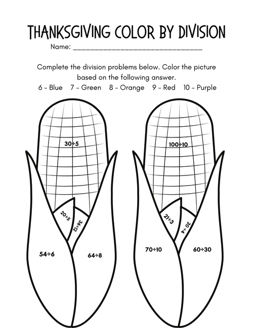 Color by Division Thanksgiving Free Math Worksheets — xoxoerinsmith.com