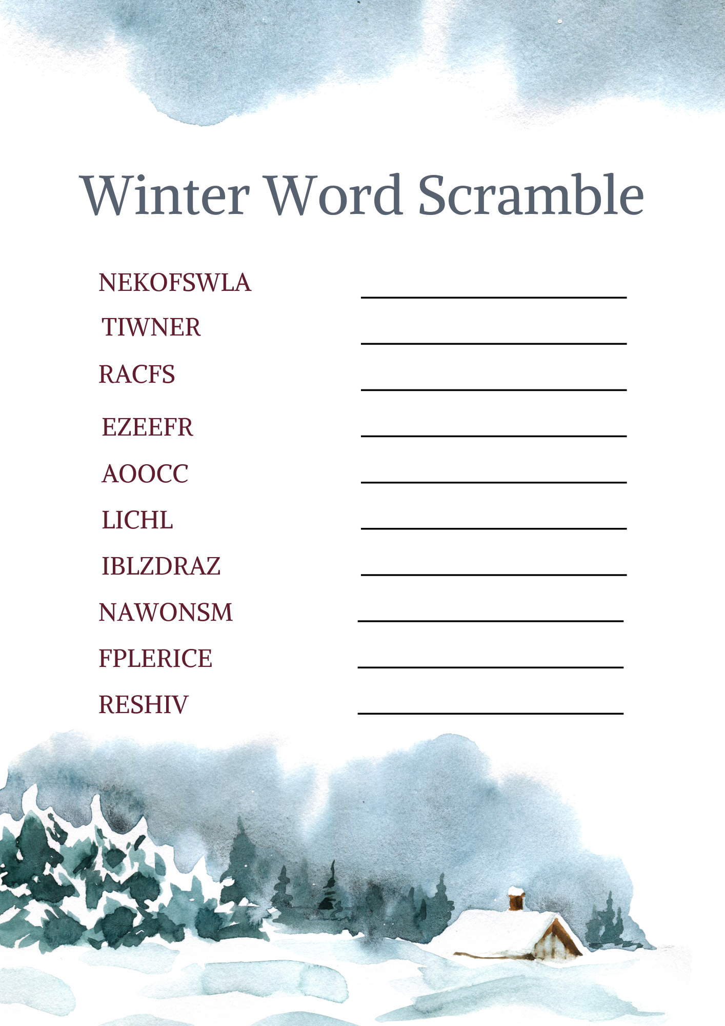 Free Printable Winter Word Scramble Kids Game Xoxoerinsmith