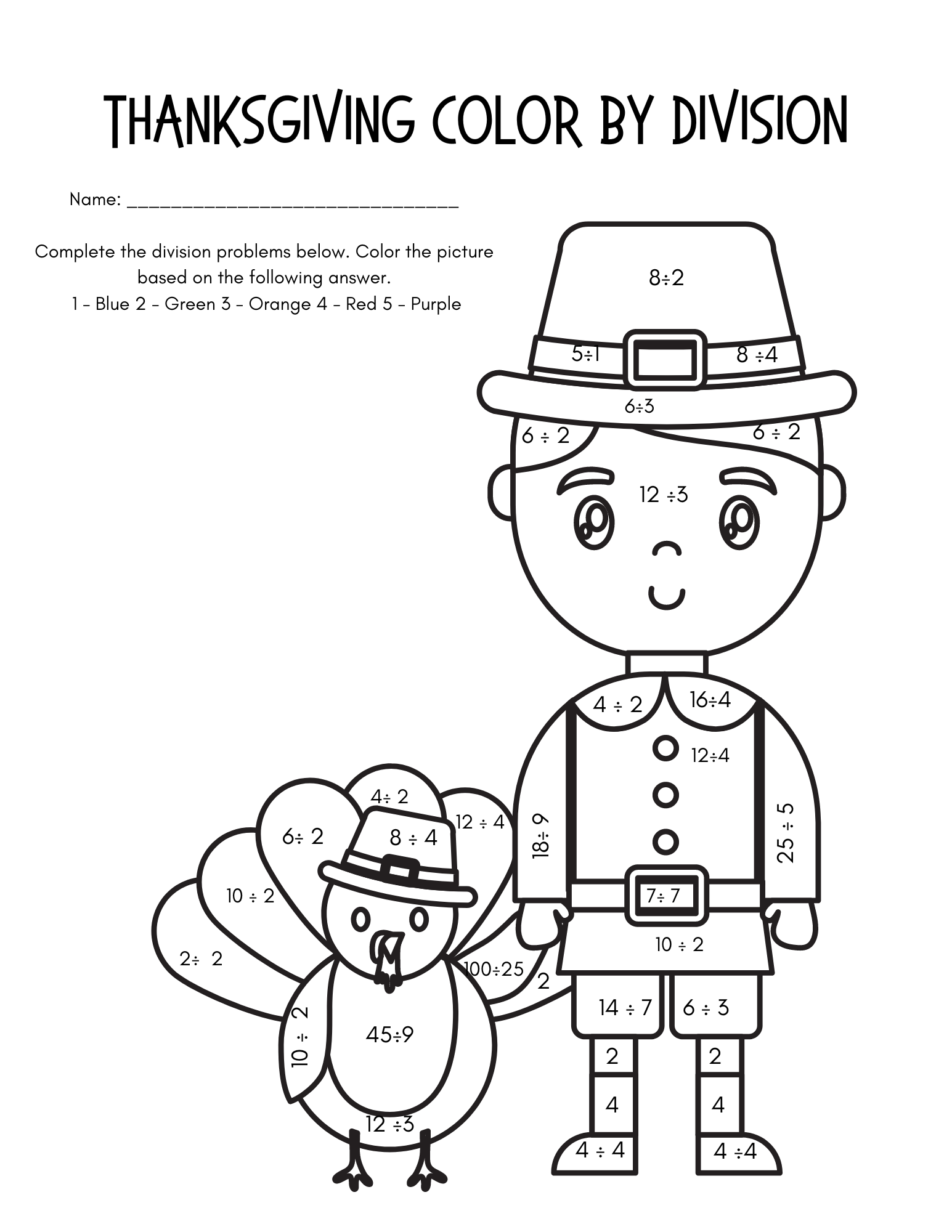 Color by Division Thanksgiving Free Math Worksheets — xoxoerinsmith.com