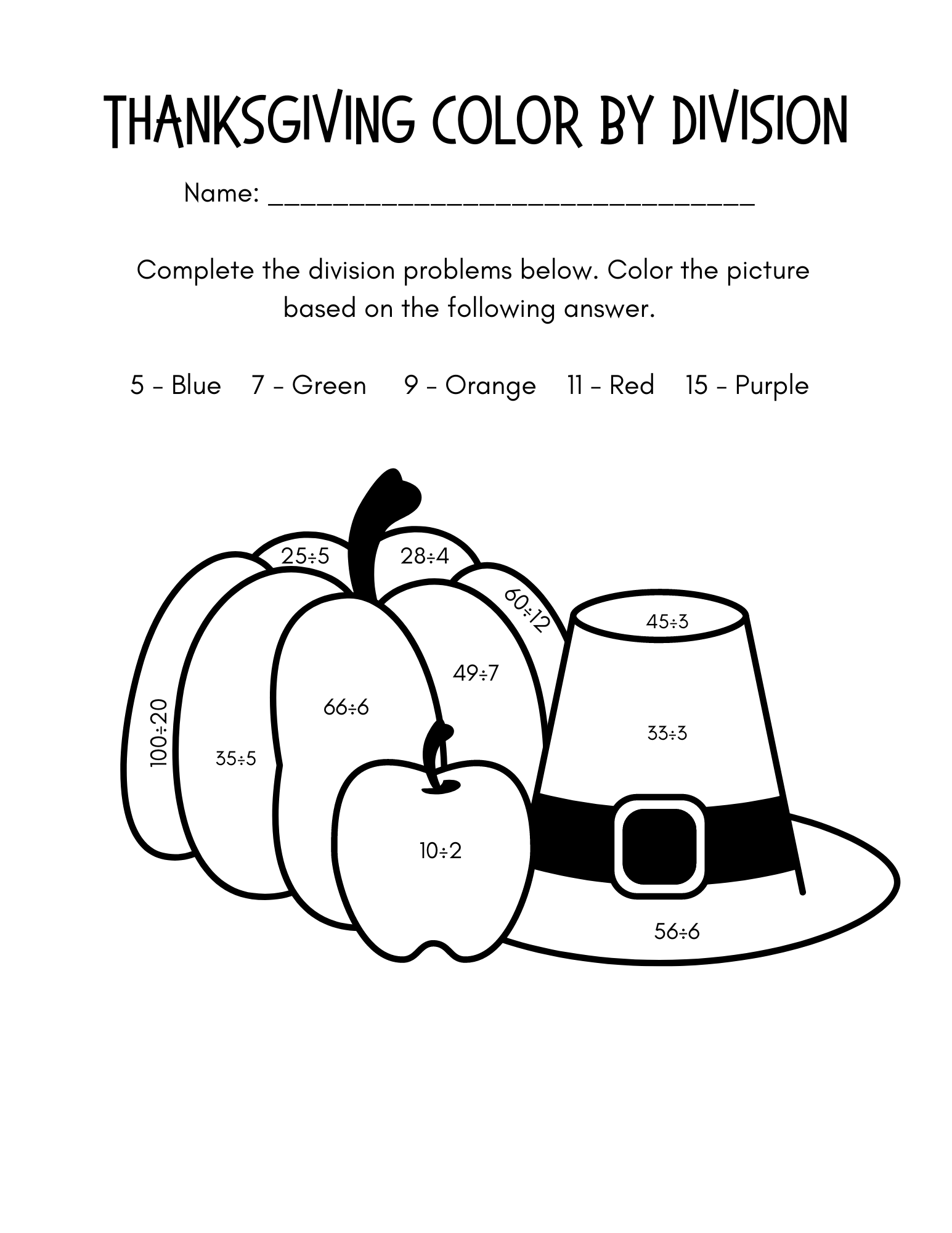 Color by Division Thanksgiving Free Math Worksheets — xoxoerinsmith.com