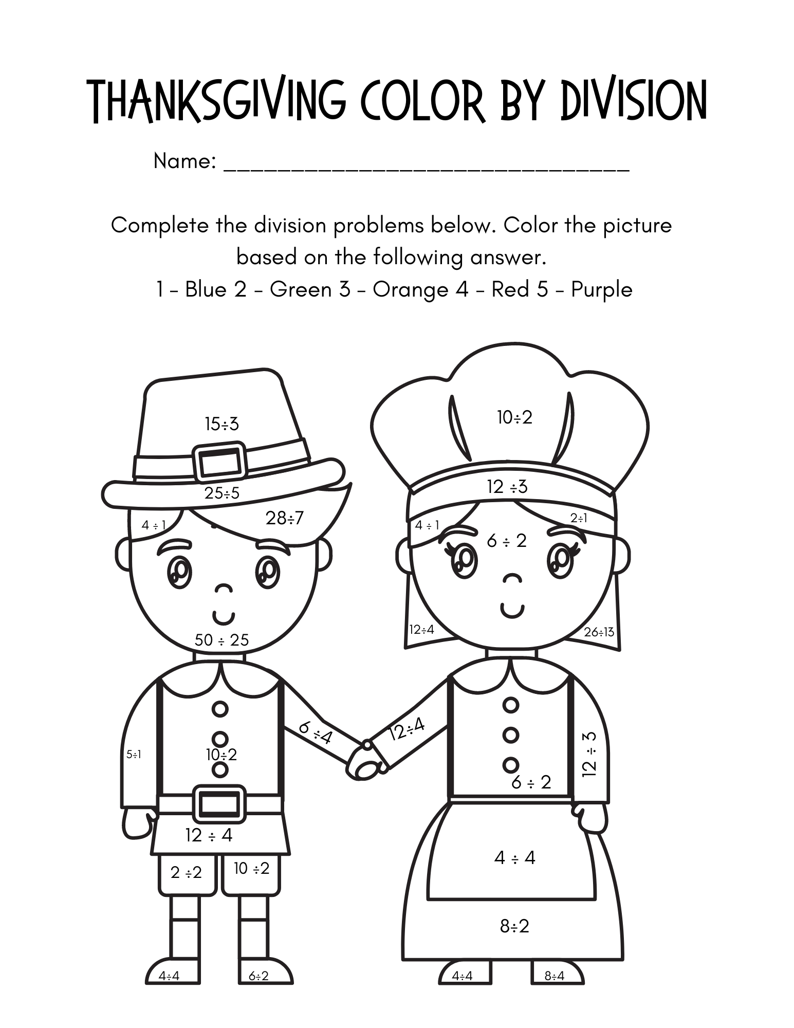 Color by Division Thanksgiving Free Math Worksheets — xoxoerinsmith.com