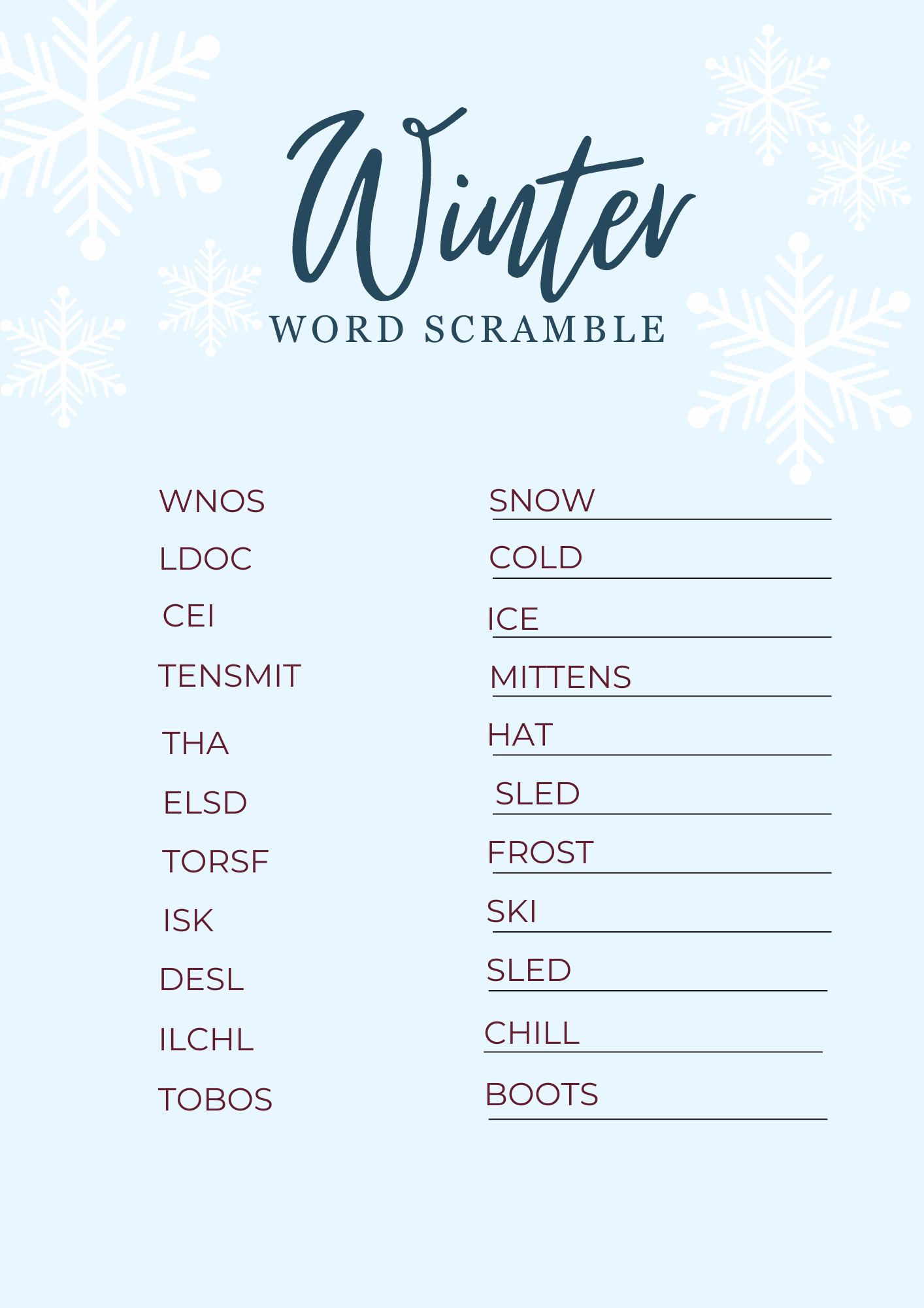 Free Printable Winter Word Scramble Kids Game Xoxoerinsmith Free Printable Winter Word Scramble Kids Game Xoxoerinsmith