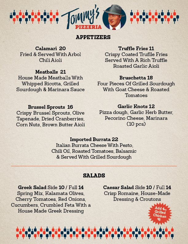 Dinner Menu — Tommy's Pizzeria