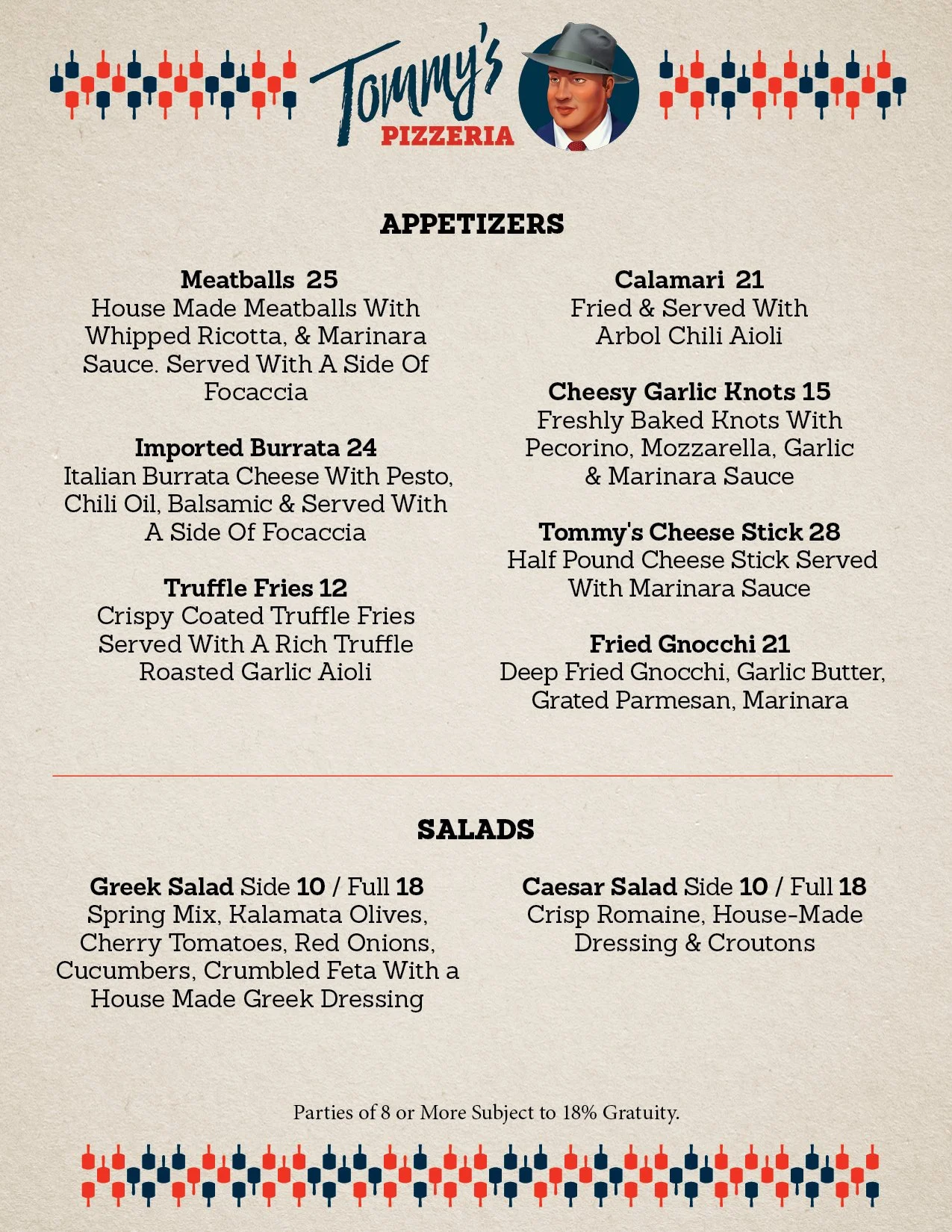 Dinner Menu — Tommy's Pizzeria
