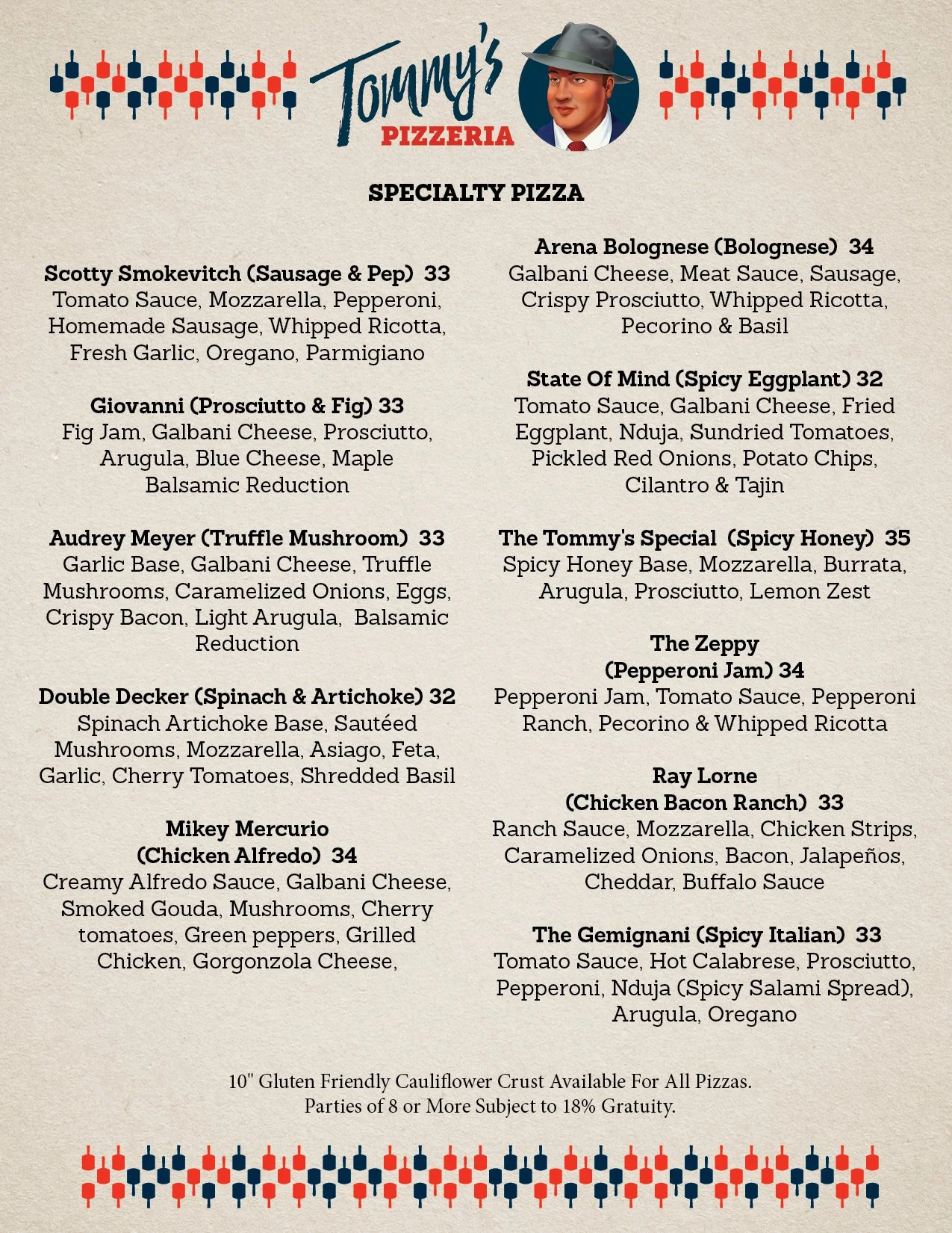 Dinner Menu — Tommy's Pizzeria