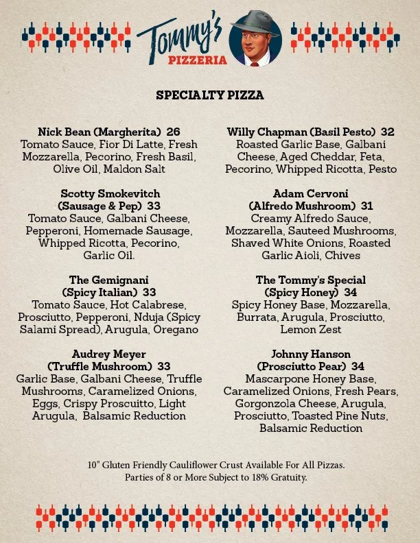 Dinner Menu — Tommy's Pizzeria