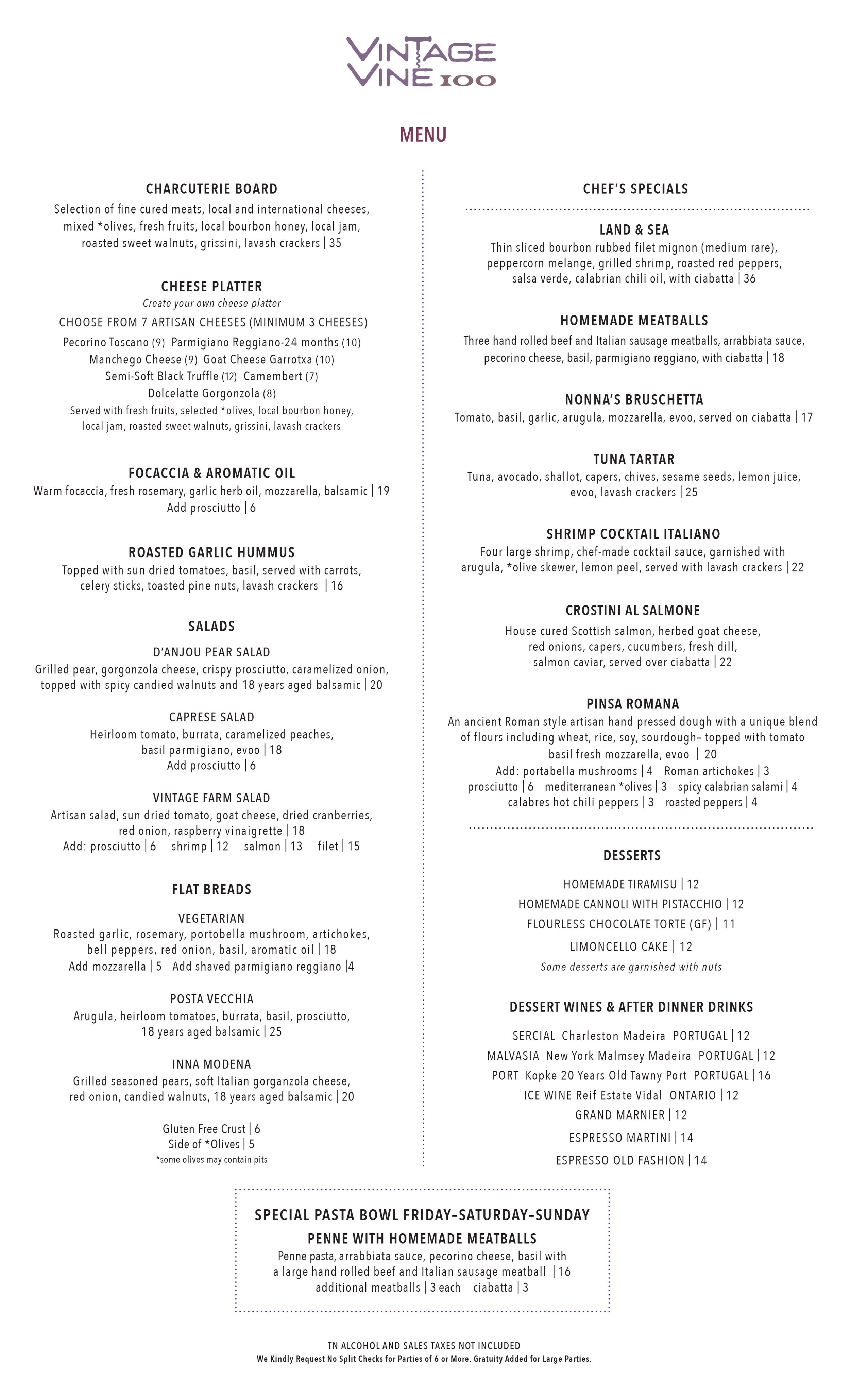 Food Menu — Vintage Vine 100