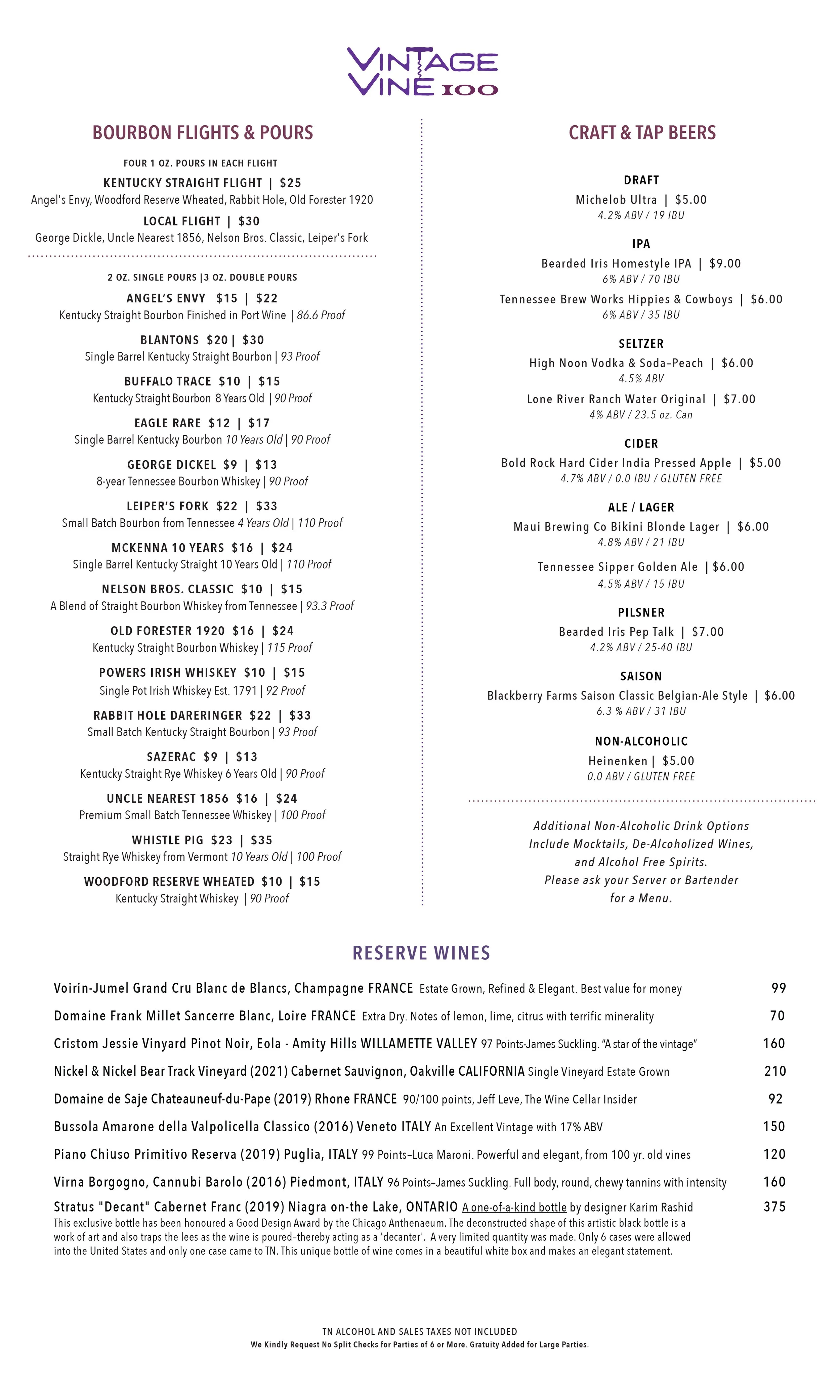 Drink Menu — Vintage Vine 100