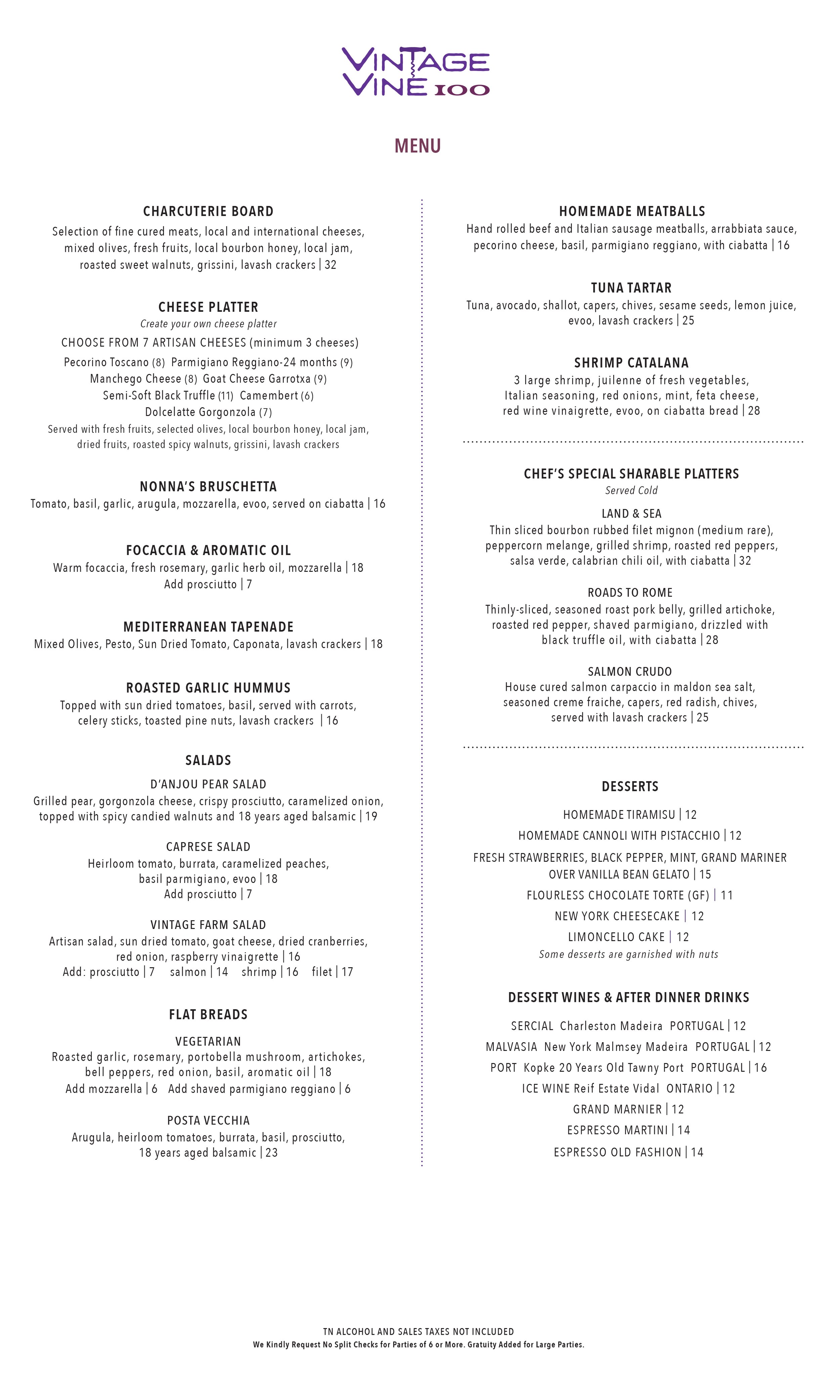 Food Menu — Vintage Vine 100