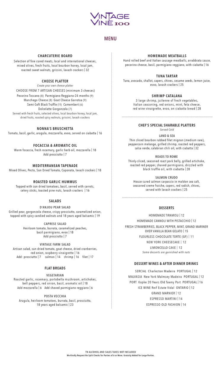 Food Menu — Vintage Vine 100