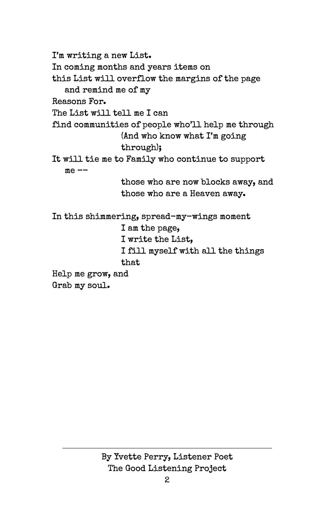 List by Yvette Perry, Listener Poet — The Good Listening Project