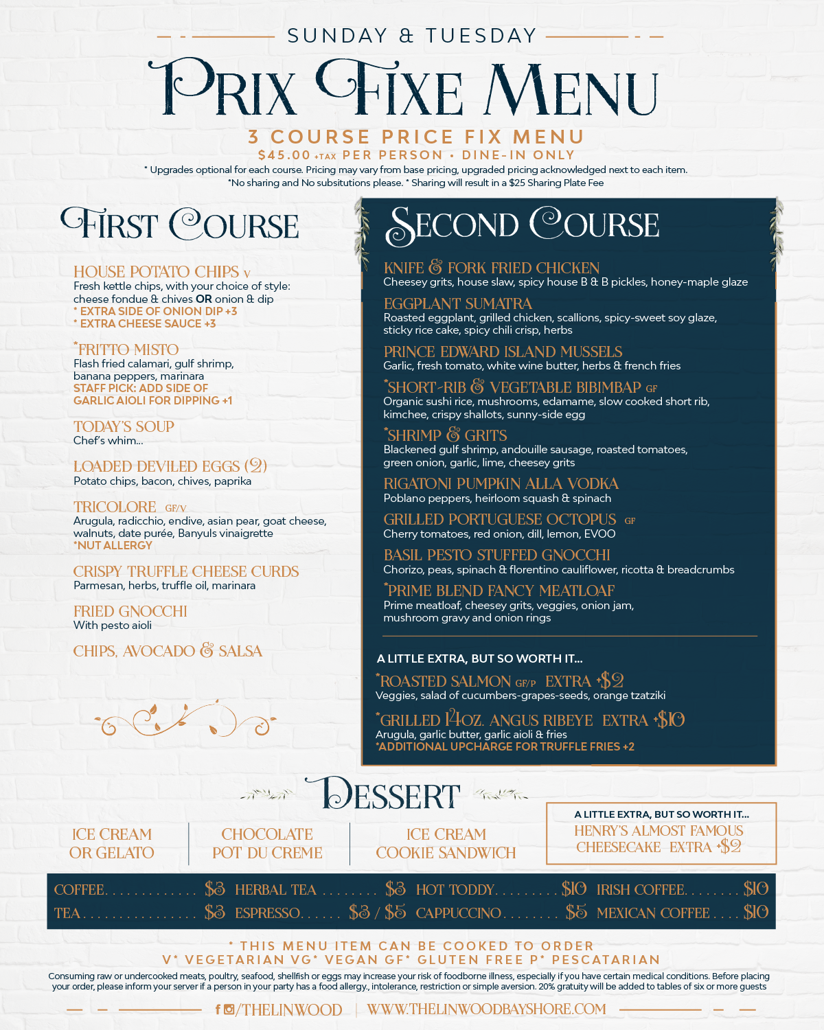 Tuesday & Sunday Prix Fixe — The Linwood Restaurant & Cocktails