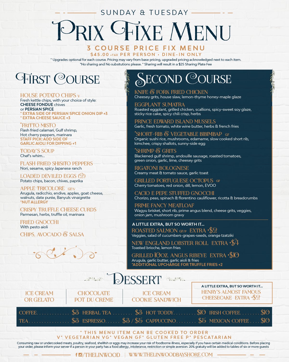 Tuesday & Sunday Prix Fixe — The Linwood Restaurant & Cocktails