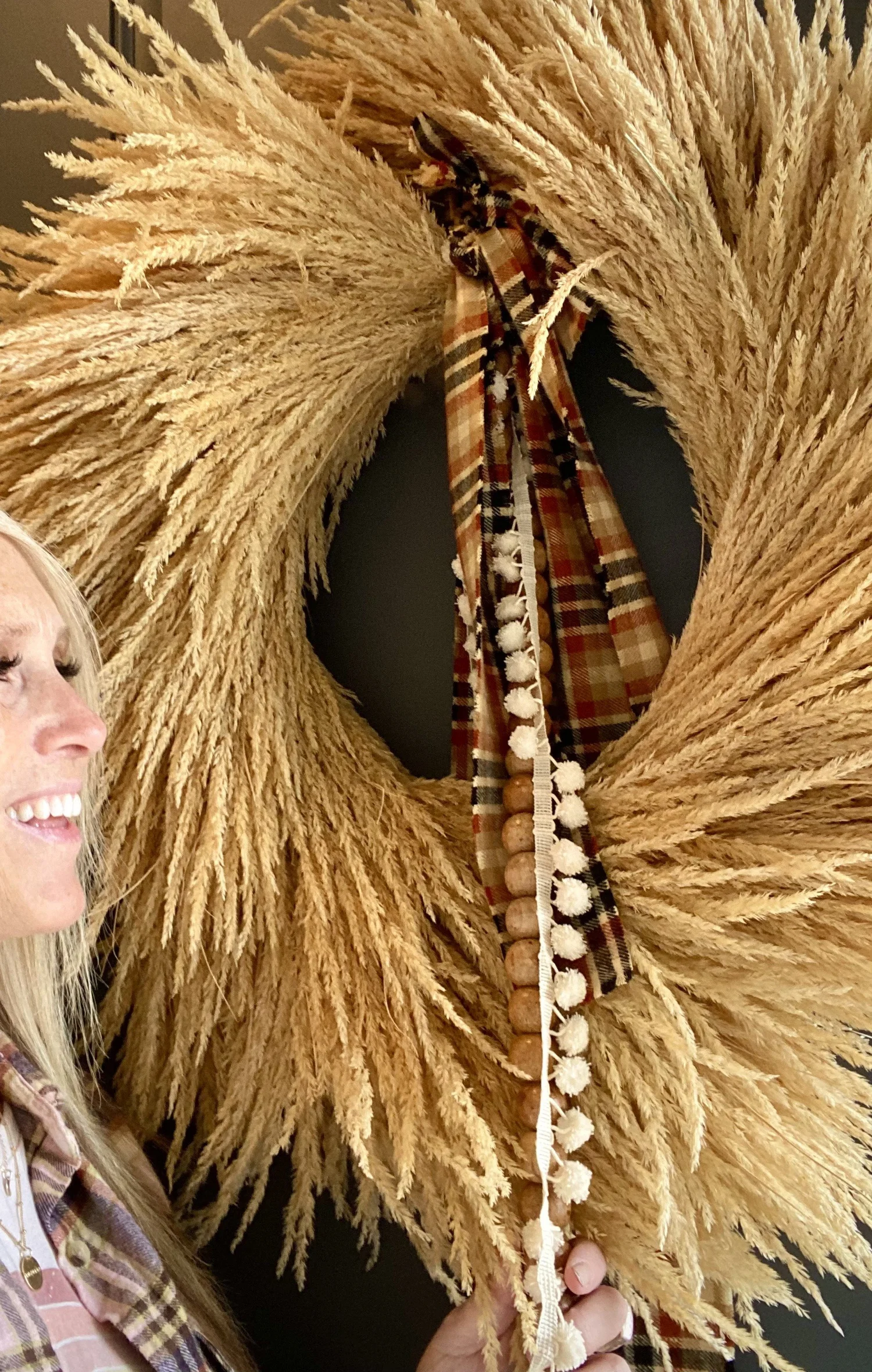 Fall Wreath with Flannel, Poms and Wood Beads — Your Site Title