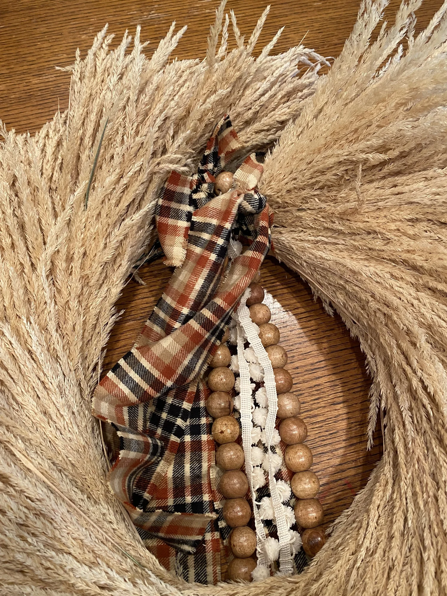Fall Wreath with Flannel, Poms and Wood Beads — Your Site Title