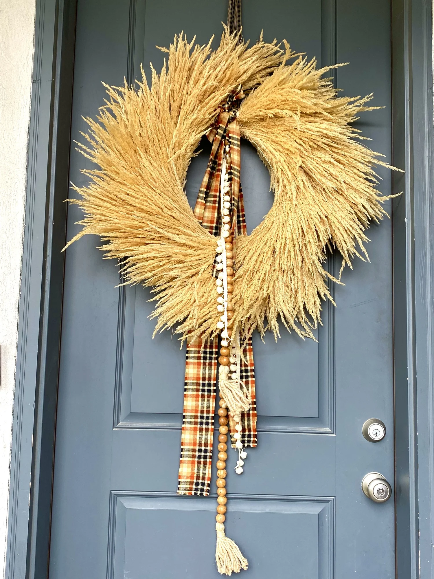 Fall Wreath with Flannel, Poms and Wood Beads — Your Site Title