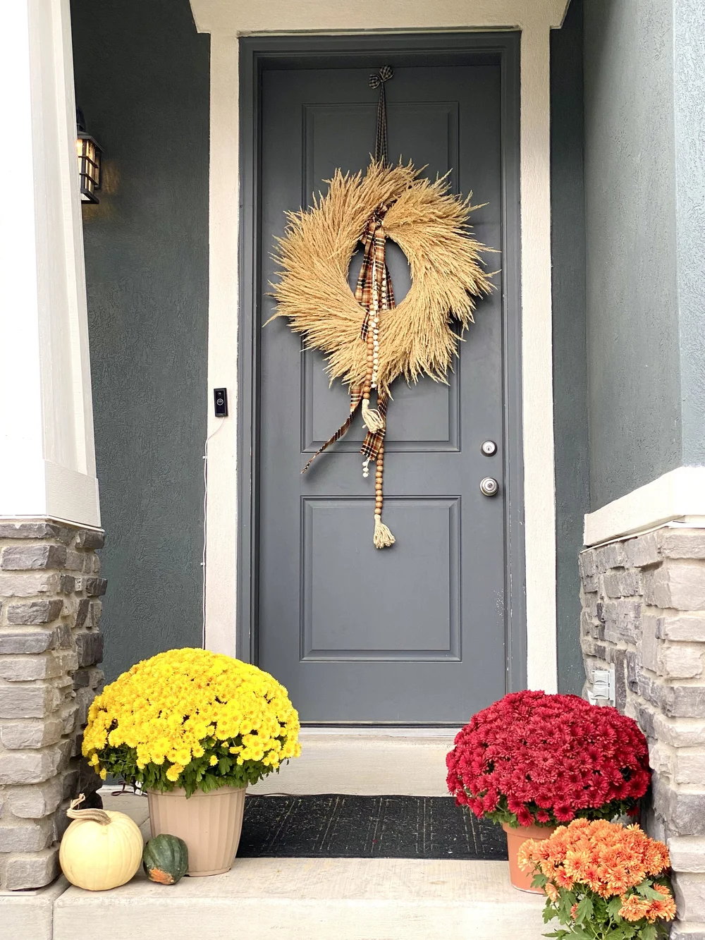 Fall Wreath with Flannel, Poms and Wood Beads — Your Site Title