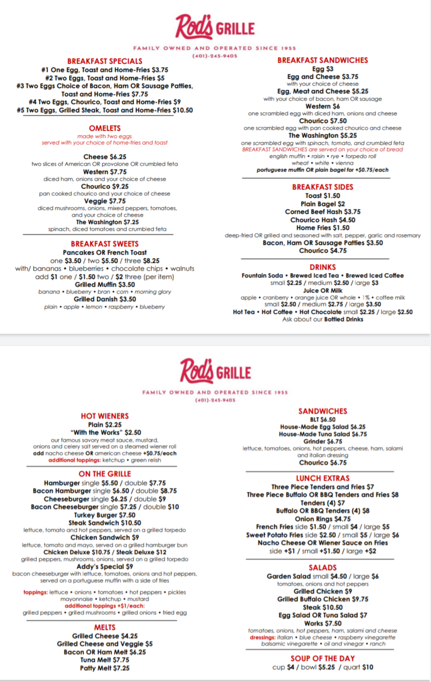 Menu — Rod's Grille