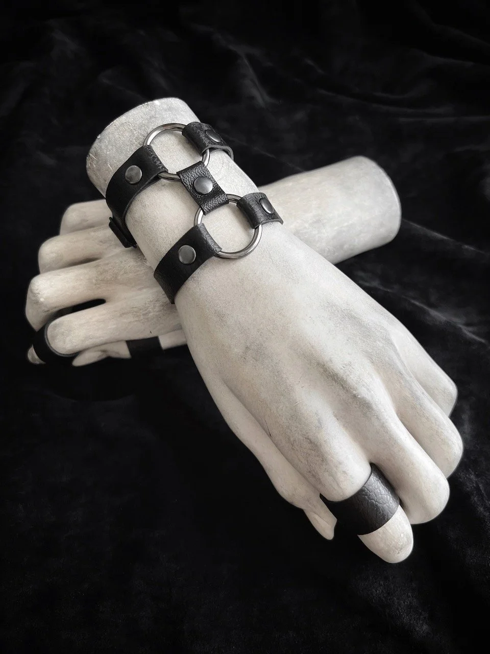1/2" Wide Two Strap Black Vegan Leather Cuffs With Gunmetal O-Rings ...