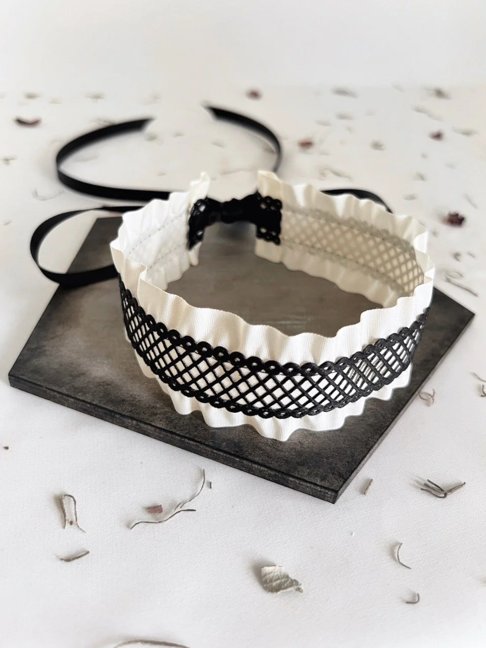 Wide Antique White Satin Ruffle Ribbon Choker Necklace With Black Lace ...