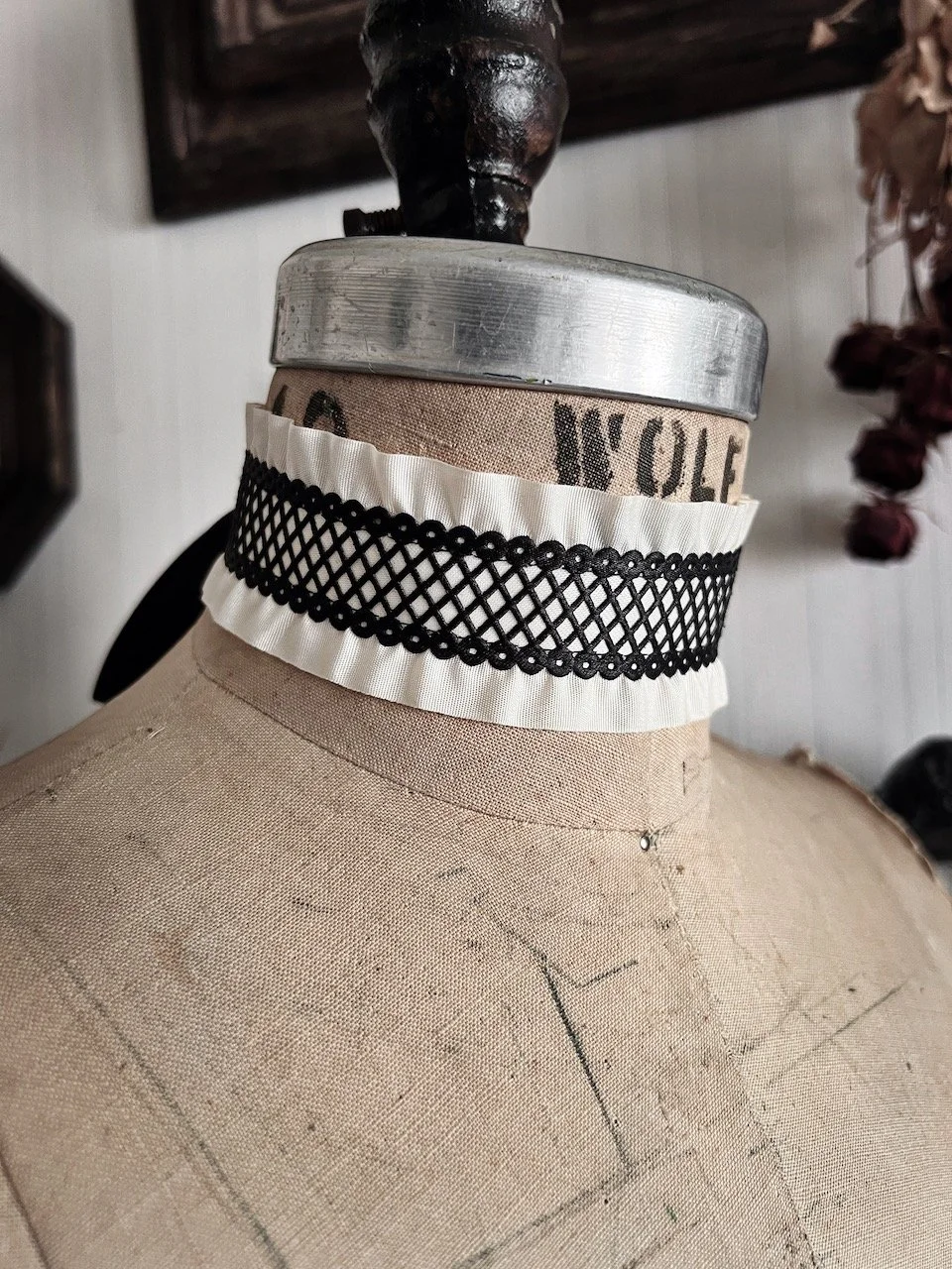 Wide Antique White Satin Ruffle Ribbon Choker Necklace With Black Lace ...