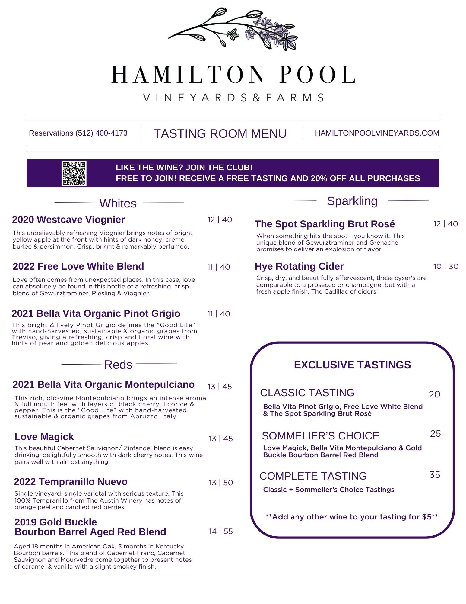 Food & Wine Menu — Hamilton Pool Vineyards & Farms