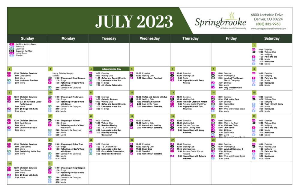July Calendars — Springbrooke Retirement Senior Living