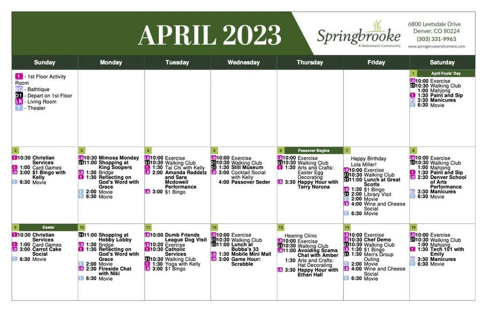 April 2023 Calendars — Springbrooke Retirement Senior Living