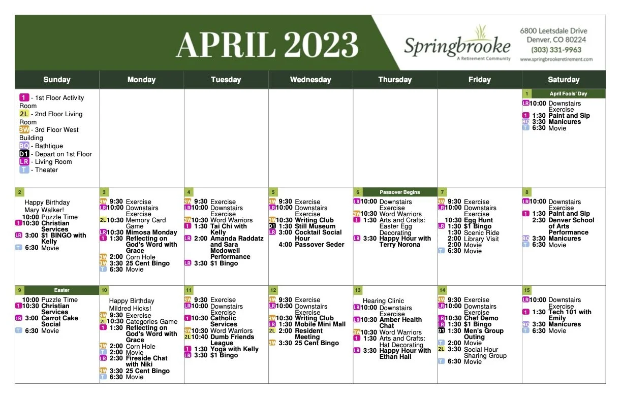 April 2023 Calendars — Springbrooke Retirement Senior Living