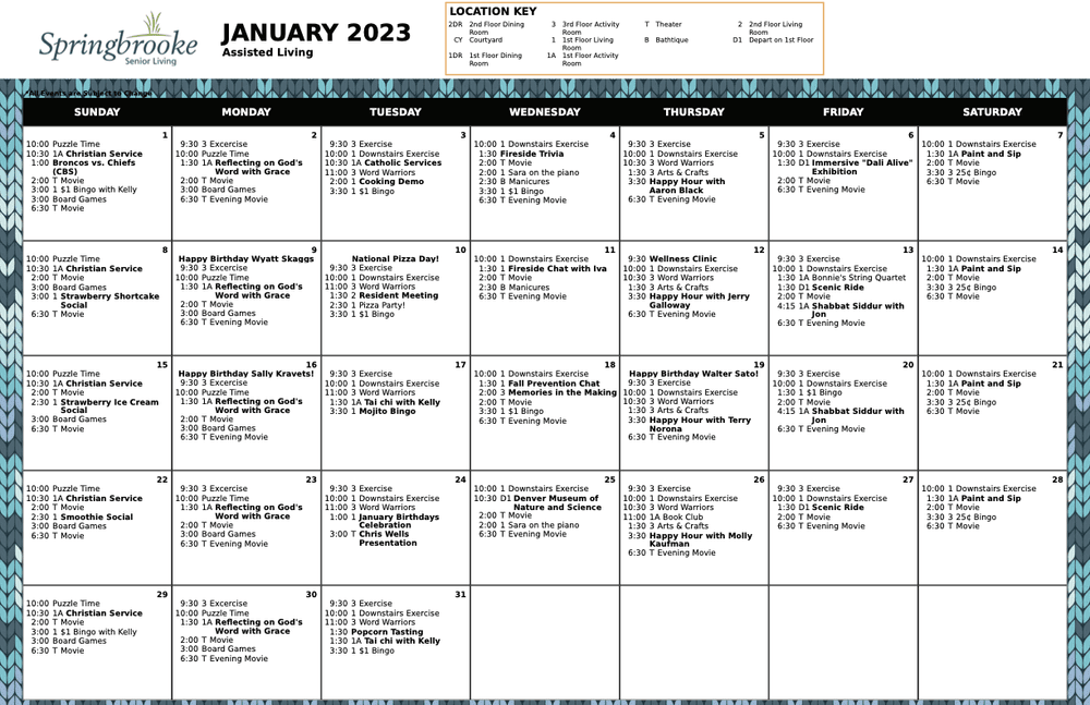 January 2023 Activities Calendars — Springbrooke Retirement Senior Living